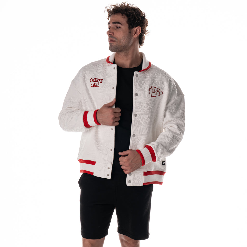 Kansas City Chiefs Unisex Embossed Cable Knit Bomber - Vintage White ...